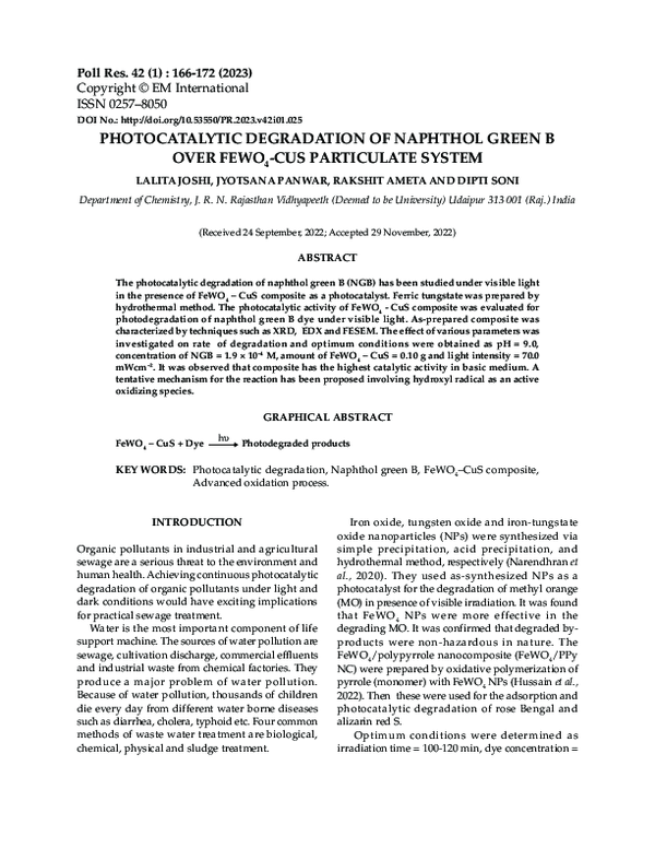 (PDF) Photocatalytic Degradation of Naphthol Green B Over FEWO4-CUS ...