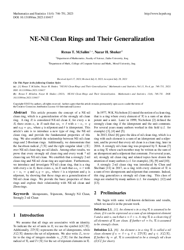 (PDF) NE-Nil Clean Rings and Their Generalization