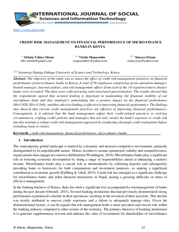 (PDF) CREDIT RISK MANAGEMENT ON FINANCIAL PERFORMANCE OF MICRO-FINANCE BANKS IN KENYA
