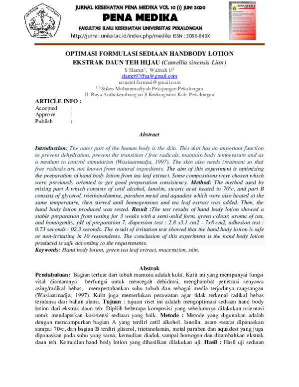 (PDF) Optimasi Formulasi Sediaan Handbody Lotion Ekstrak Daun Teh Hijau ...