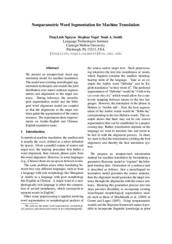 Pdf Nonparametric Word Segmentation For Machine Translation 