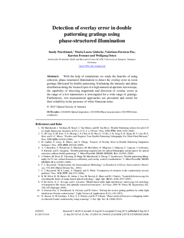 Pdf Detection Of Overlay Error In Double Patterning Gratings Using Phase Structured Illumination