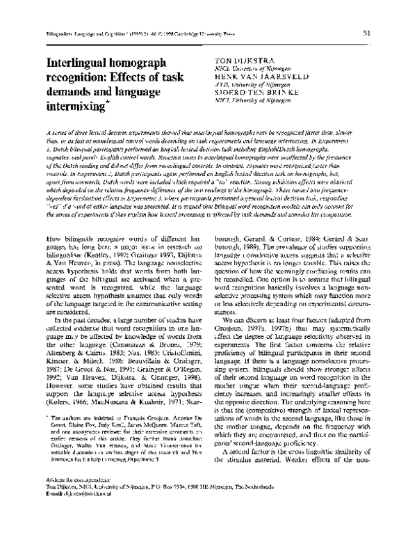 (PDF) Interlingual homograph recognition: Effects of task demands and ...