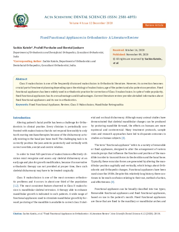 (PDF) Fixed Functional Appliances in Orthodontics- A Literature Review