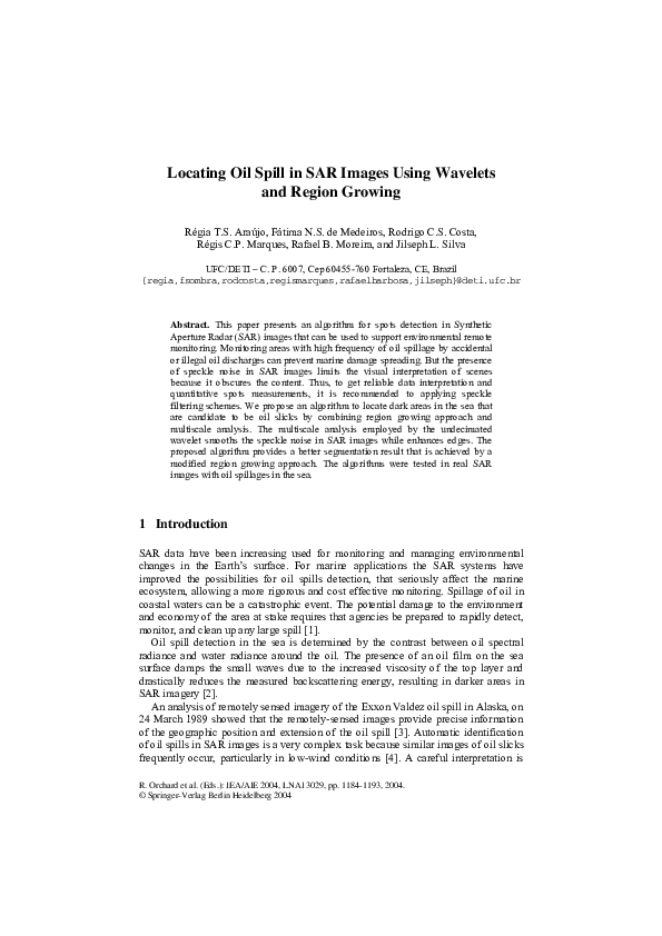 (PDF) Locating Oil Spill in SAR Images Using Wavelets and Region Growing | Régia Talina Silva ...