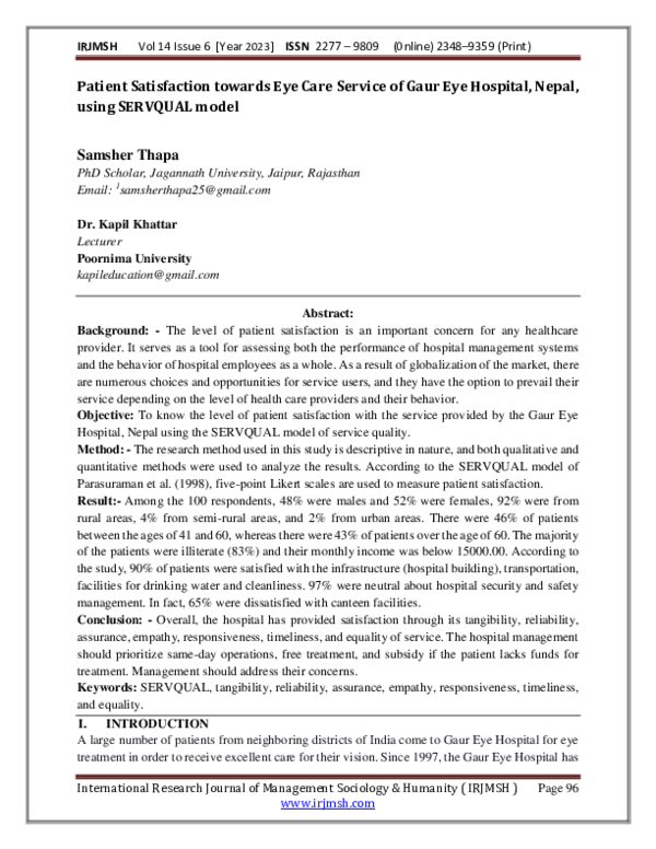 (PDF) Patient Satisfaction towards Eye Care Service of Gaur Eye ...