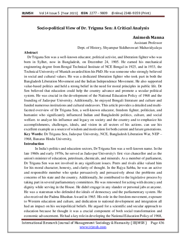 (PDF) Socio-political View of Dr. Triguna Sen: A Critical Analysis