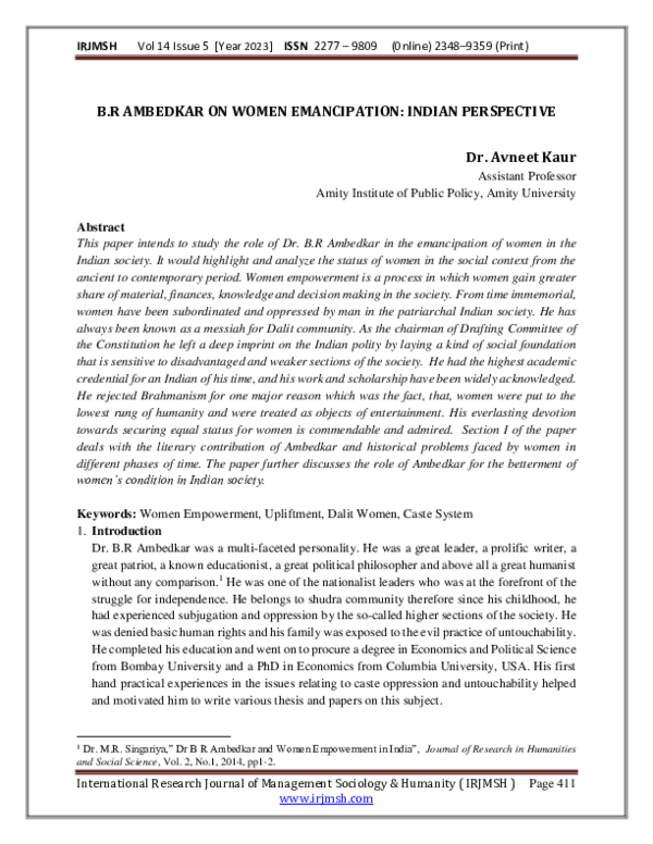 (PDF) B.R AMBEDKAR ON WOMEN EMANCIPATION: INDIAN PERSPECTIVE