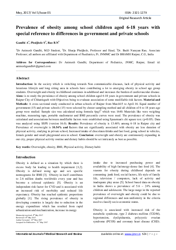 (PDF) Prevalence of obesity among school children aged 6-18 years with ...