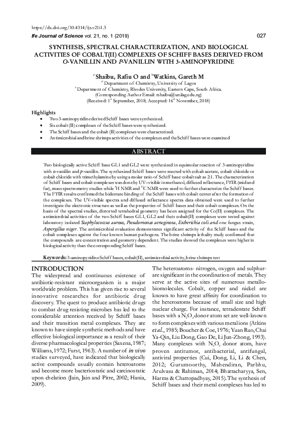 (PDF) Synthesis, spectral characterization, and biological activities of Cobalt(II) complexes of ...