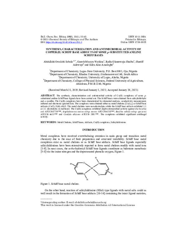 (PDF) Synthesis, characterization and antimicrobial activity of copper(II) Schiff base adducts ...