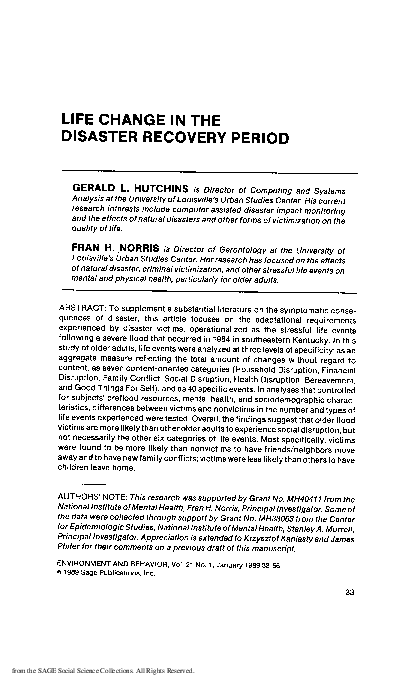 (PDF) Life Change in the Disaster Recovery Period | Jerry Hutchins ...