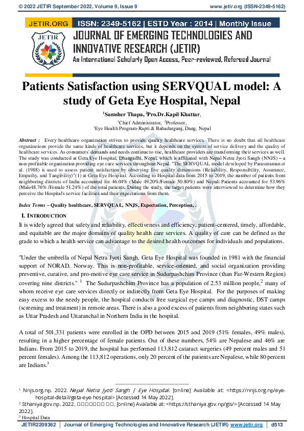 (PDF) Patients Satisfaction using SERVQUAL model: A study of Geta Eye Hospital, Nepal