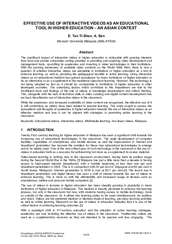 (PDF) EFFECTIVE USE OF INTERACTIVE VIDEOS AS AN EDUCATIONAL TOOL IN HIGHER EDUCATION -AN ASIAN ...