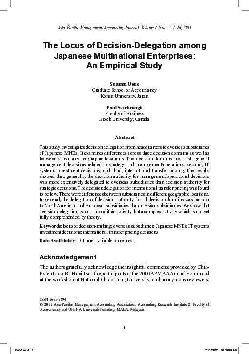 (PDF) The Locus of Decision-Delegation Among Japanese Multinational ...