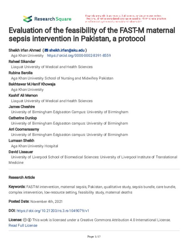 (PDF) Evaluation of the feasibility of the FAST-M maternal sepsis ...