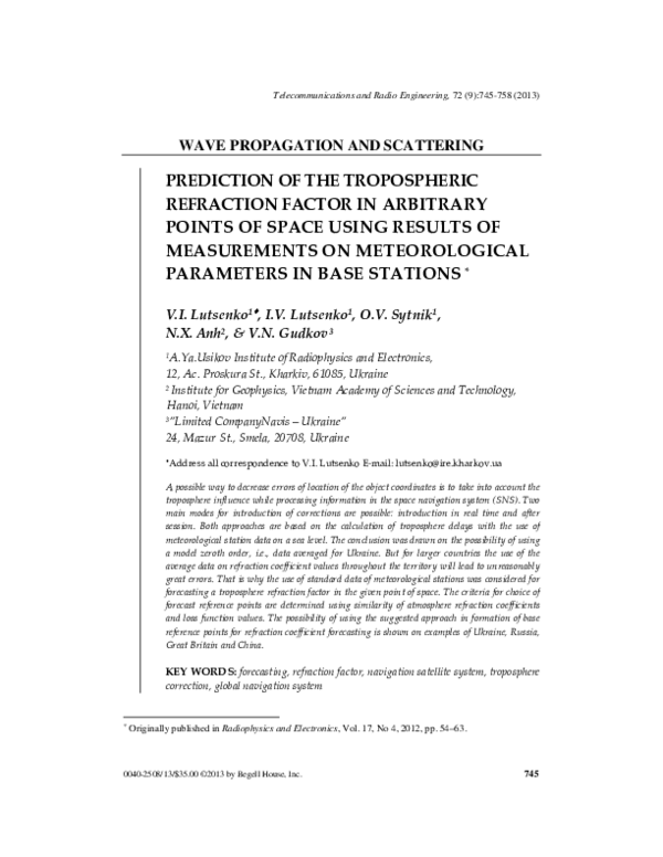 (PDF) PREDICTION OF THE TROPOSPHERIC REFRACTION FACTOR IN ARBITRARY POINTS OF SPACE USING ...