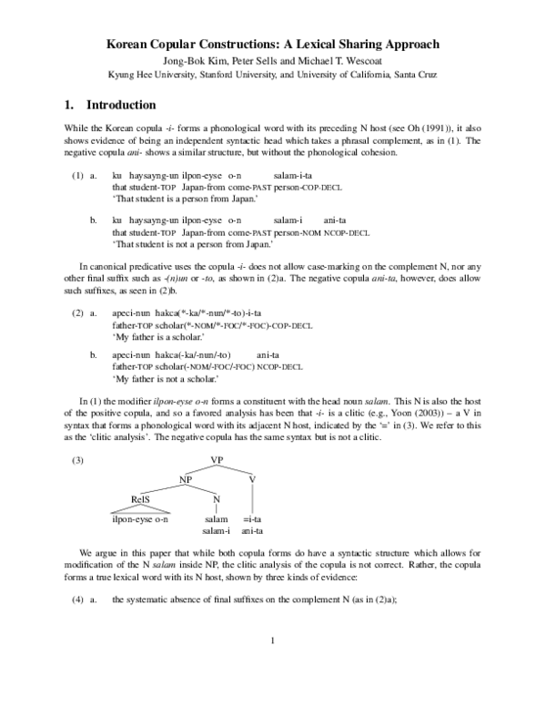 (PDF) Korean Copular Constructions: A Lexical Sharing Approach