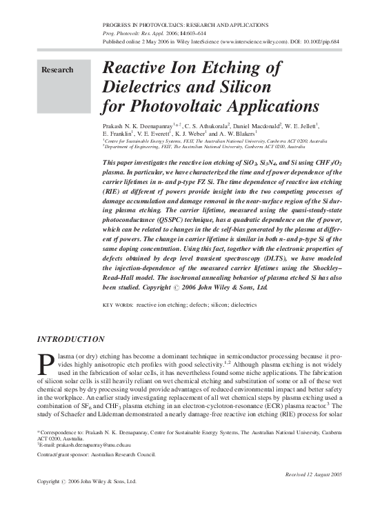 (PDF) Reactive ion etching of dielectrics and silicon for photovoltaic applications