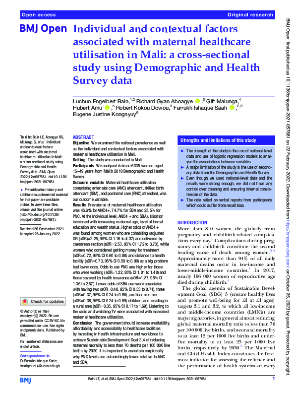 Pdf Individual And Contextual Factors Associated With Maternal Healthcare Utilisation In Mali