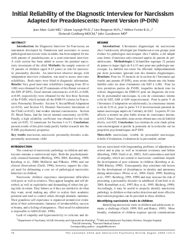 (PDF) Initial Reliability of the Diagnostic Interview for Narcissism ...