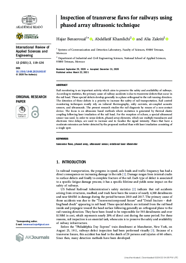 (PDF) Inspection of transverse flaws for railways using phased array ultrasonic technique | ALIA ...