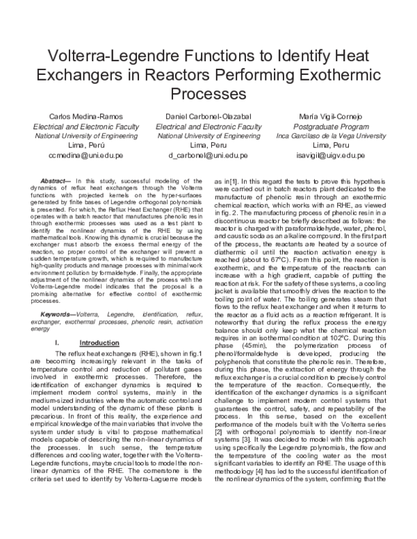 (PDF) Volterra-Legendre Functions to Identify Heat Exchangers in Reactors Performing Exothermic ...