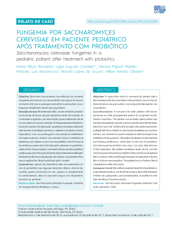 (PDF) Fungemia Por Saccharomyces Cerevisiae Em Paciente Pediátrico Após ...