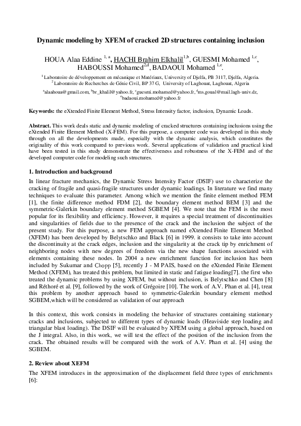 (PDF) Dynamic modeling by XFEM of cracked 2D structures containing ...