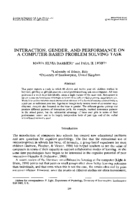 (PDF) Interaction, gender, and performance on a computer-based problem solving task