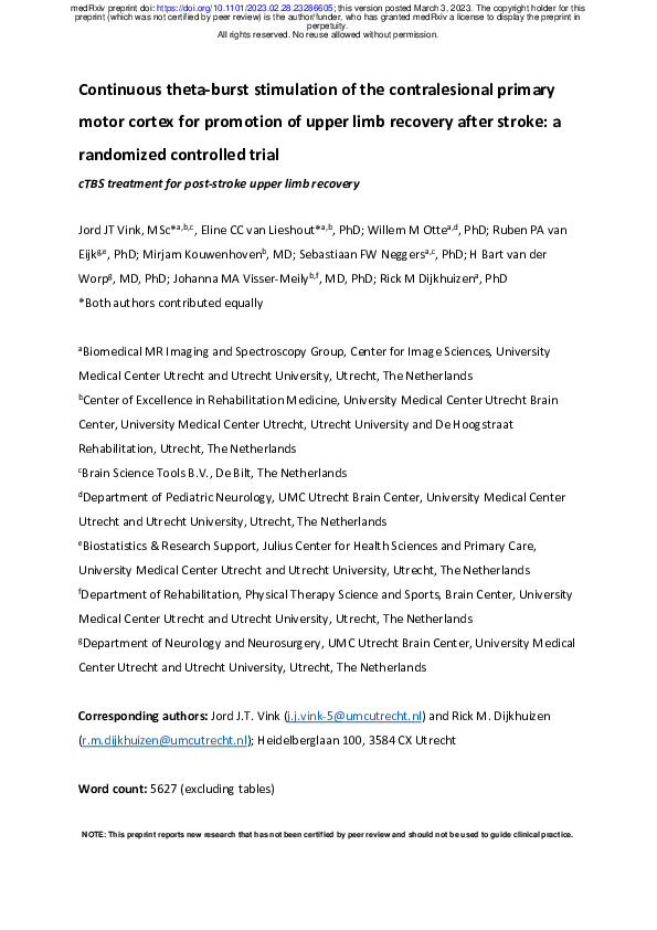 (PDF) Continuous theta-burst stimulation of the contralesional primary motor cortex for ...