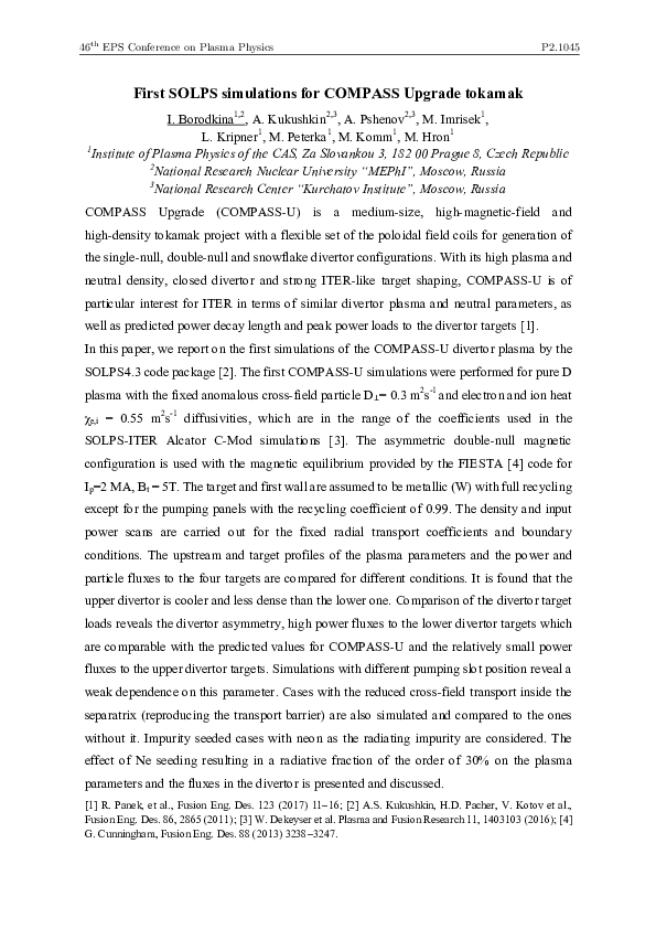 (PDF) First SOLPS simulations for COMPASS Upgrade tokamak