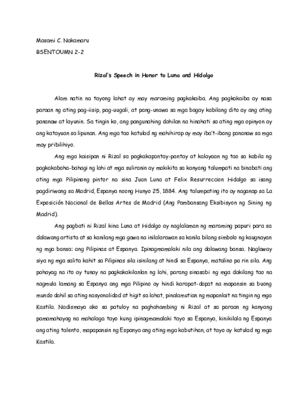 (PDF) Rizal's Speech in Honor to Luna and Hidalgo Reflection Paper