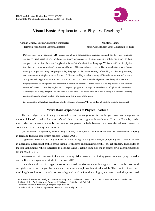Pdf Visual Basic Applications To Physics Teaching Catalin Chitu
