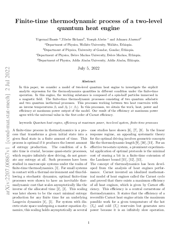 (PDF) Finite-time thermodynamic process of a two-level quantum heat engine