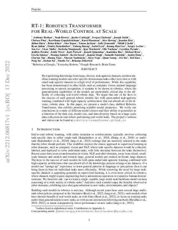 (PDF) RT-1: Robotics Transformer for Real-World Control at Scale