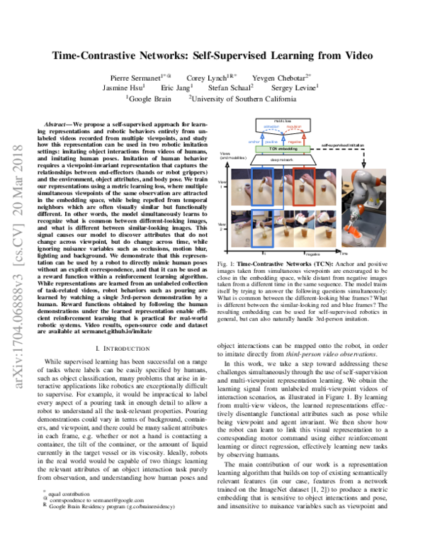 (PDF) Time-Contrastive Networks: Self-Supervised Learning from Video
