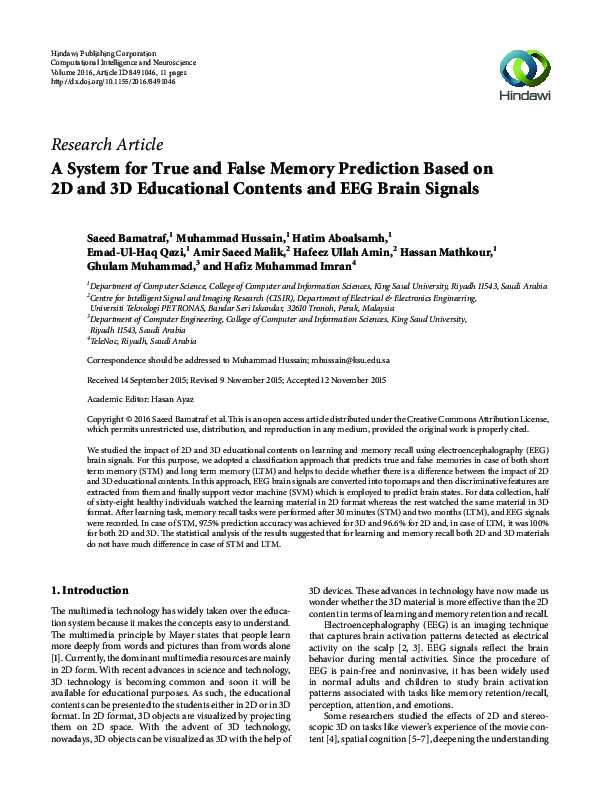 (PDF) A System for True and False Memory Prediction Based on 2D and 3D ...