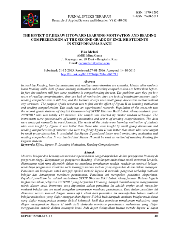 (PDF) The Effect of Jigsaw II toward Learning Motivation and Reading ...