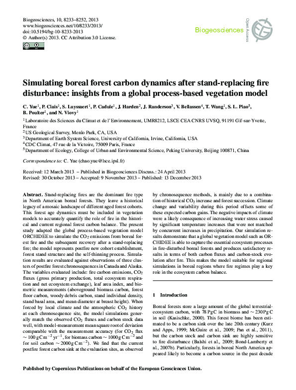 (PDF) Simulating boreal forest carbon dynamics after stand-replacing fire disturbance: insights ...