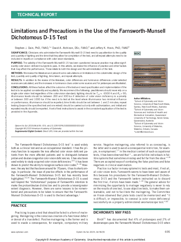 (PDF) Limitations and Precautions in the Use of the Farnsworth-Munsell ...