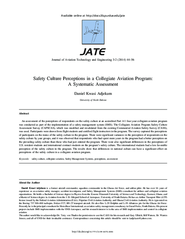 (PDF) Safety Culture Perceptions in a Collegiate Aviation Program: A ...