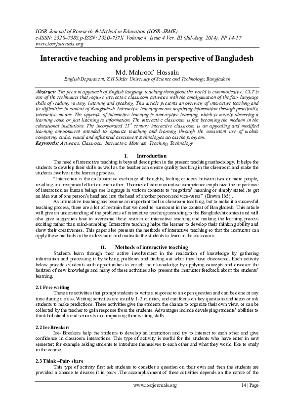 (PDF) Interactive teaching and problems in perspective of Bangladesh