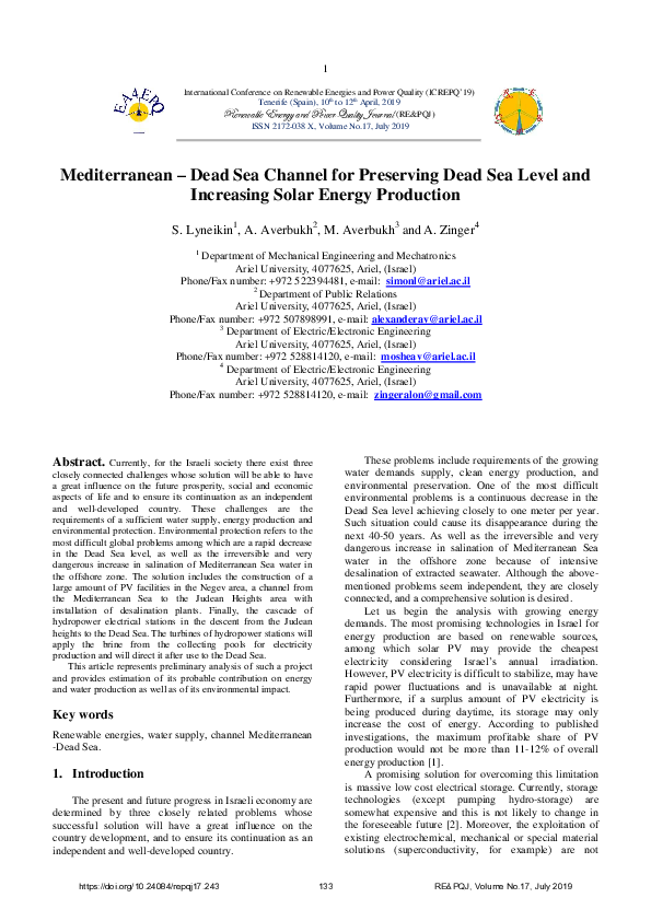 (PDF) Mediterranean – Dead Sea Channel for Preserving Dead Sea Level ...