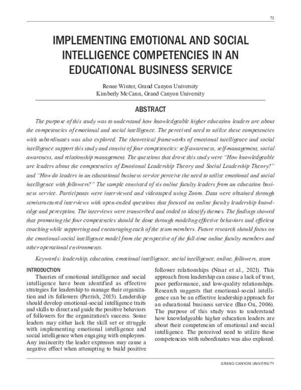 (PDF) IMPLEMENTING EMOTIONAL AND SOCIAL INTELLIGENCE COMPETENCIES IN AN ...