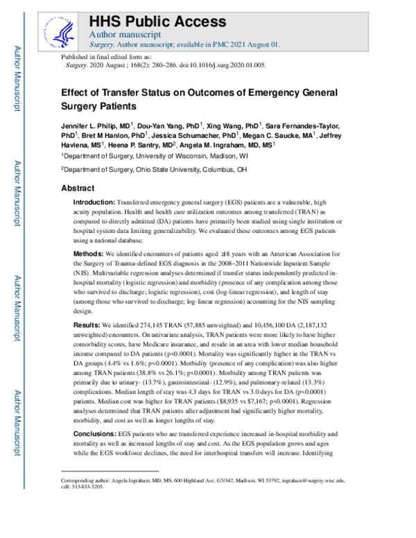 (PDF) Effect of Transfer Status on Outcomes of Emergency General Surgery Patients | Megan Saucke ...