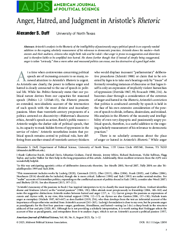 Pdf Anger Hatred And Judgment In Aristotle S Rhetoric