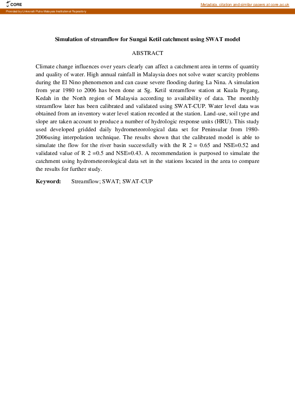 (PDF) Simulation of streamflow for Sungai Ketil catchment using SWAT model
