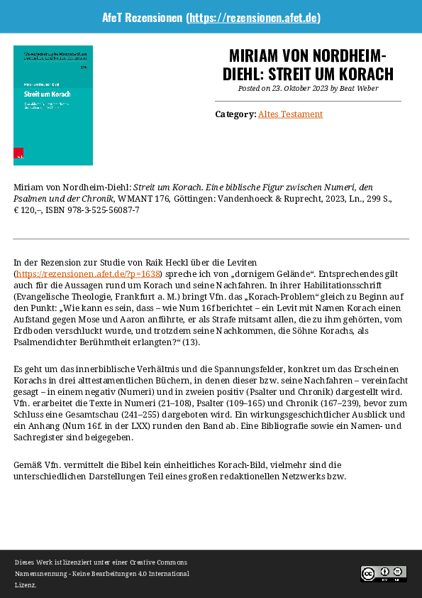 (PDF) Review of: Miriam von Nordheim-Diehl, Streit um Korach. Eine biblische Figur zwischen ...