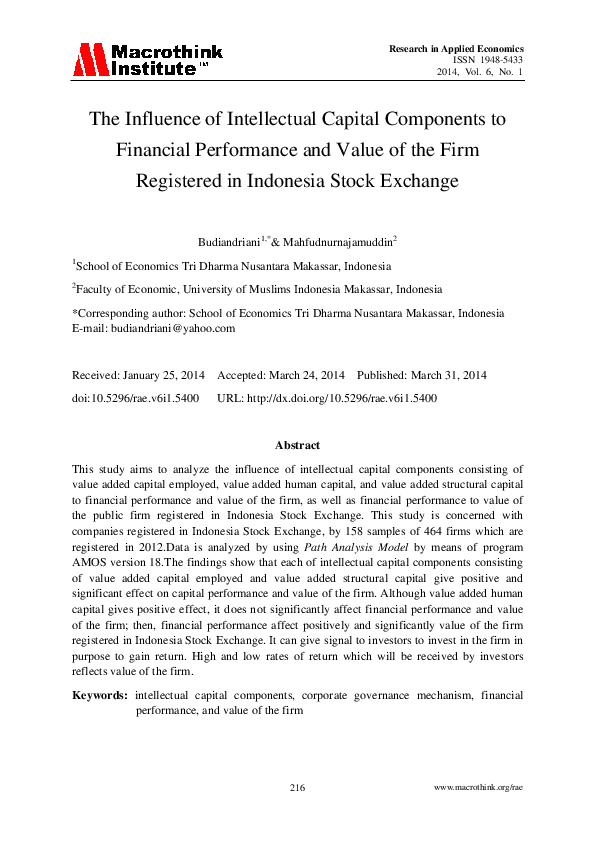 (PDF) The Influence of Intellectual Capital Components to Financial Performance and Value of the ...